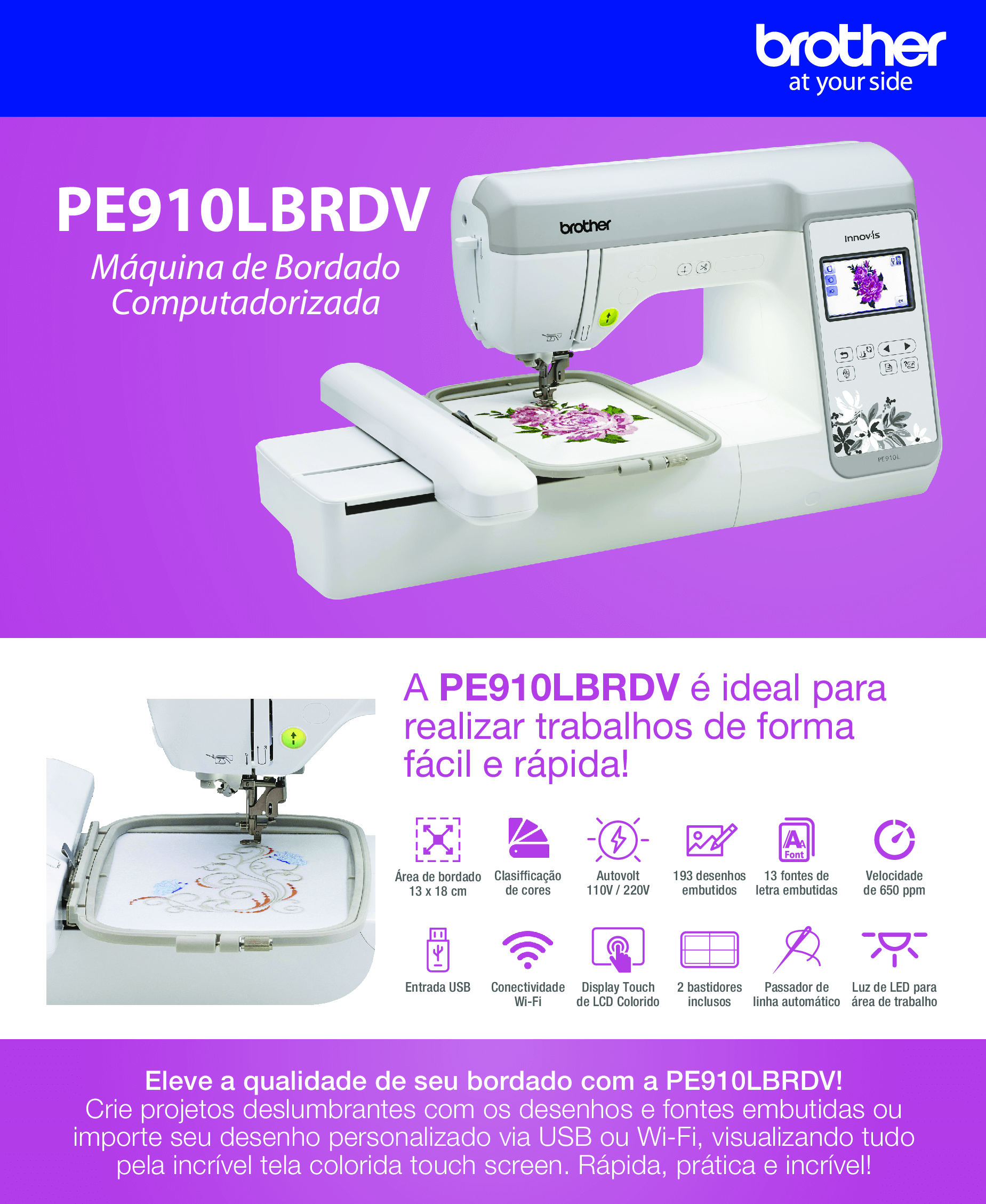 Máquina de Bordado Eletrônica Brother PE810L + Kit Diamante